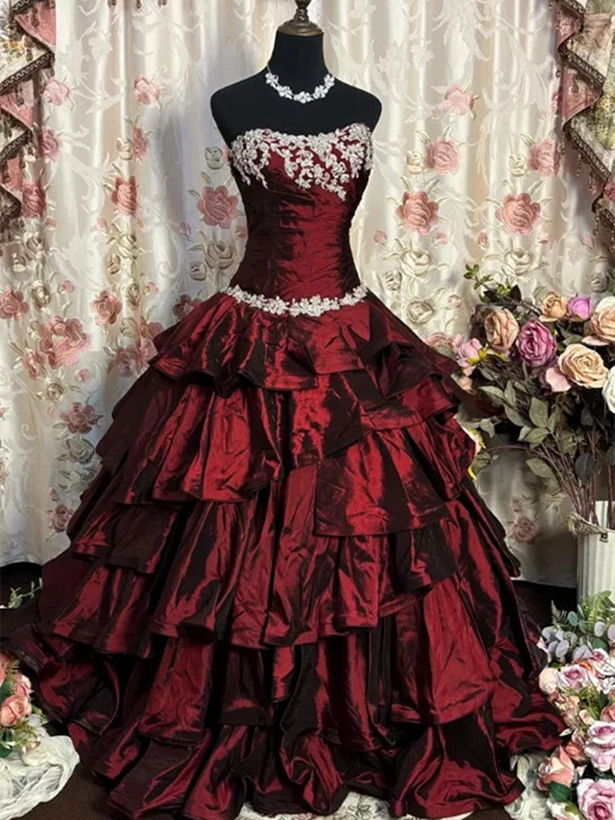 Wine Red Taffeta Layers Long Formal Dress with Lace – Haibob